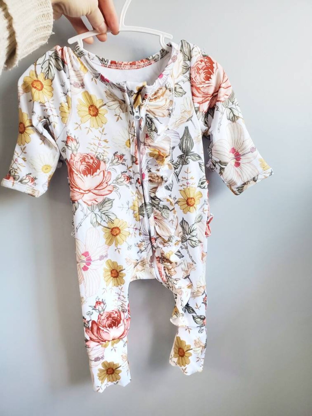 Zipper Ruffle Sleeper Onsie. Floral Footies Romper Fold Over Feet. - Etsy