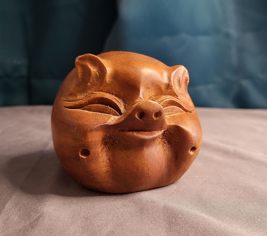 Happy Smiling Carved Wooden Pig Netsuke - Etsy