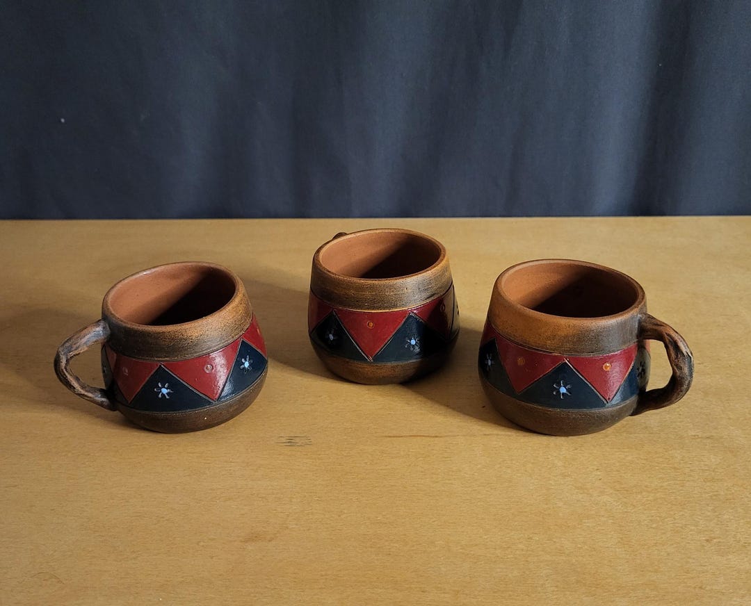 Vintage Red Earthenware Coffee Cups: Geometric Design, Set of 3 - Etsy