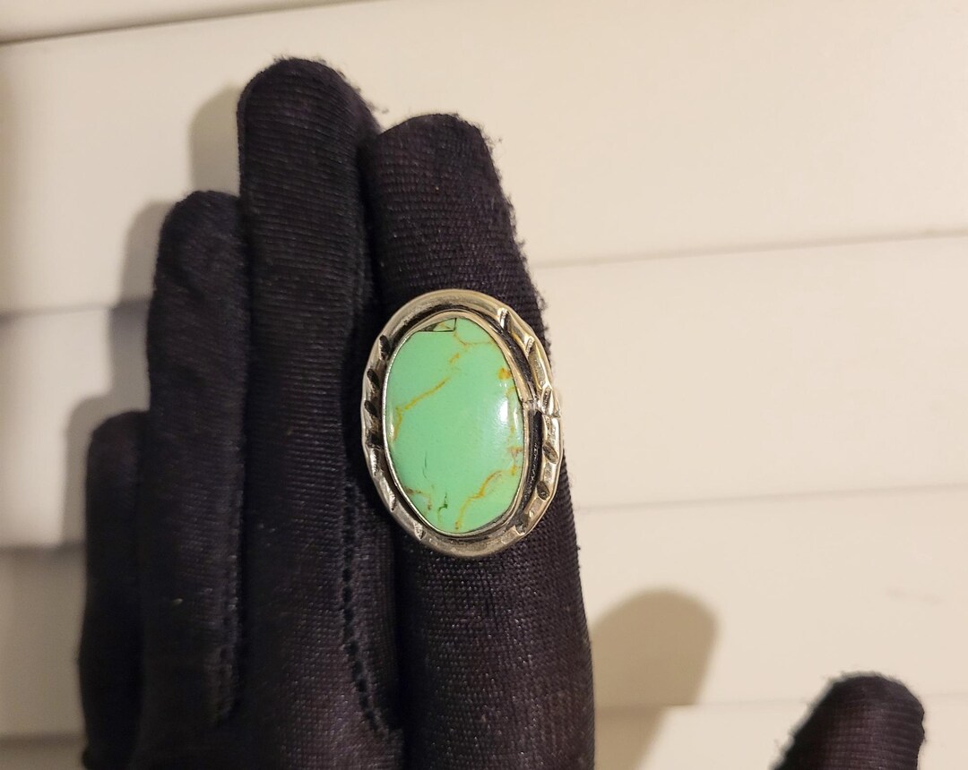 Vintage Sterling Silver and Lime Green Turquoise Oval-shaped Southwest ...