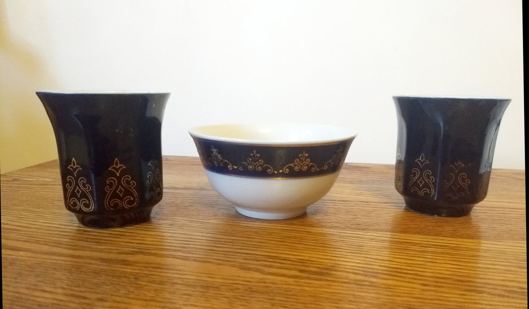 Riga RPR Porcelain Indigo and Gold Cups and Bowls Vintage Set of 3 With ...