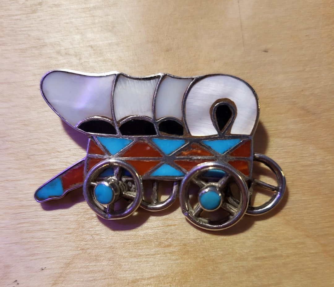 Zuni Inlaid Turquoise Mother of Pearl and Red Coral Covered Wagon ...