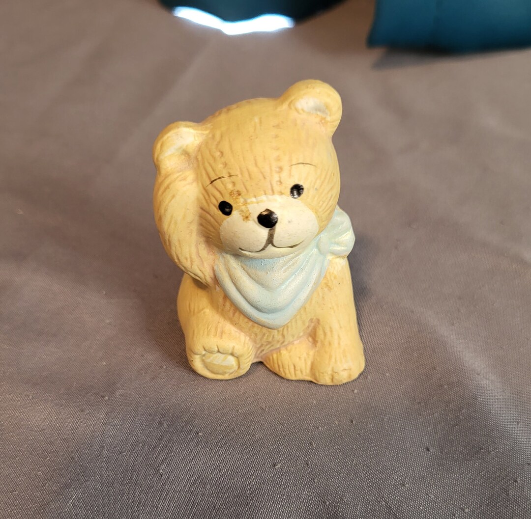 Small Bisque Ceramic Teddy Bear Figurine With Blue Bandana - Etsy