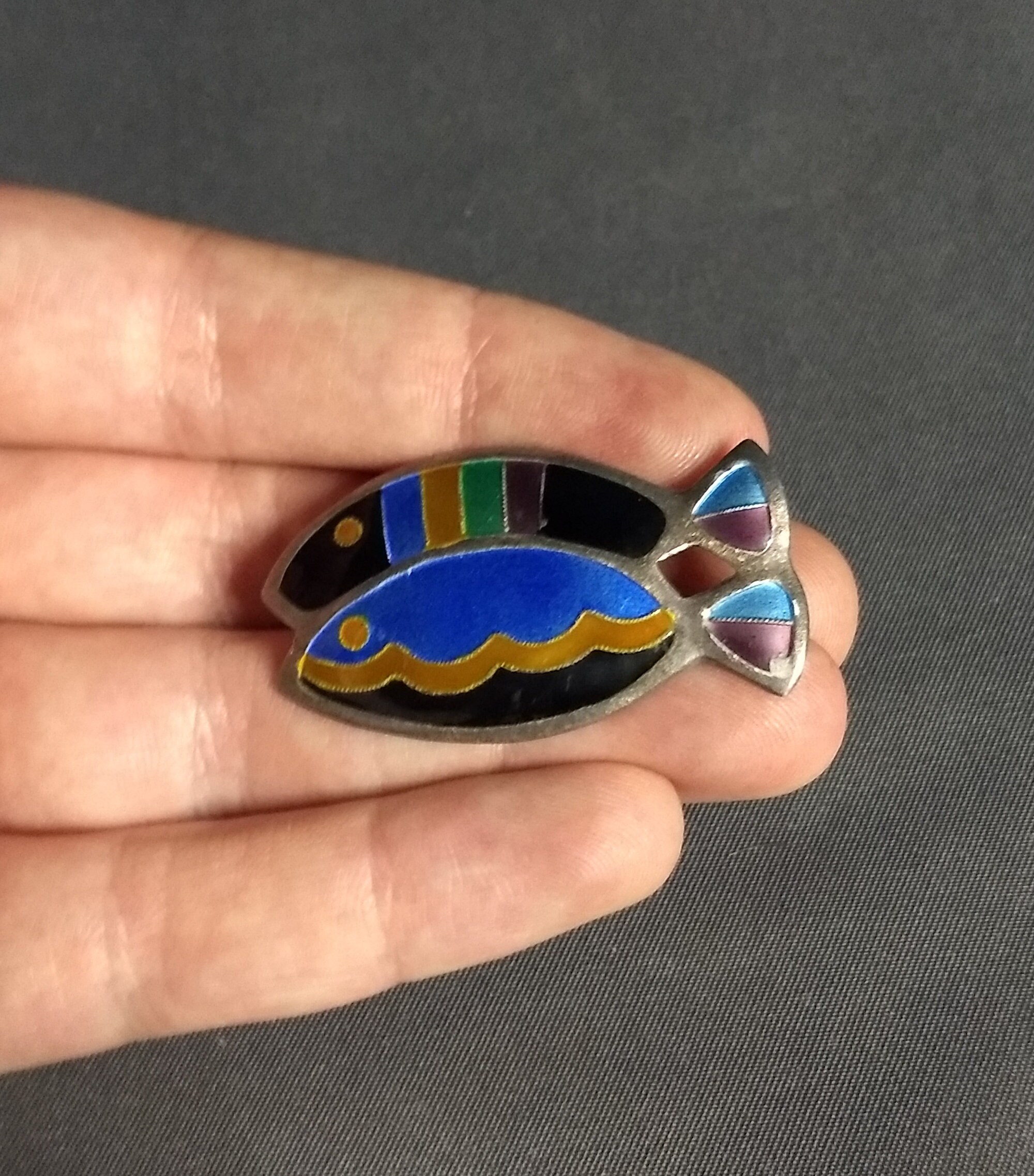 Sterling Silver Enameled Fish Pin Brooch, Modernist Style, Blue and ...