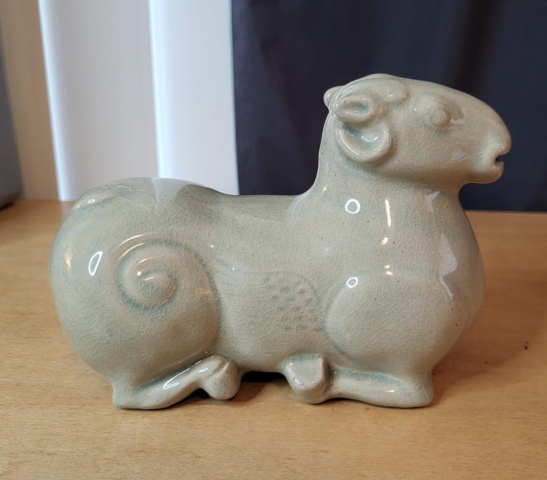 Vintage Chinese Ceramic Raku Glaze Celadon Green Ram Sheep Figurine 4 1 ...