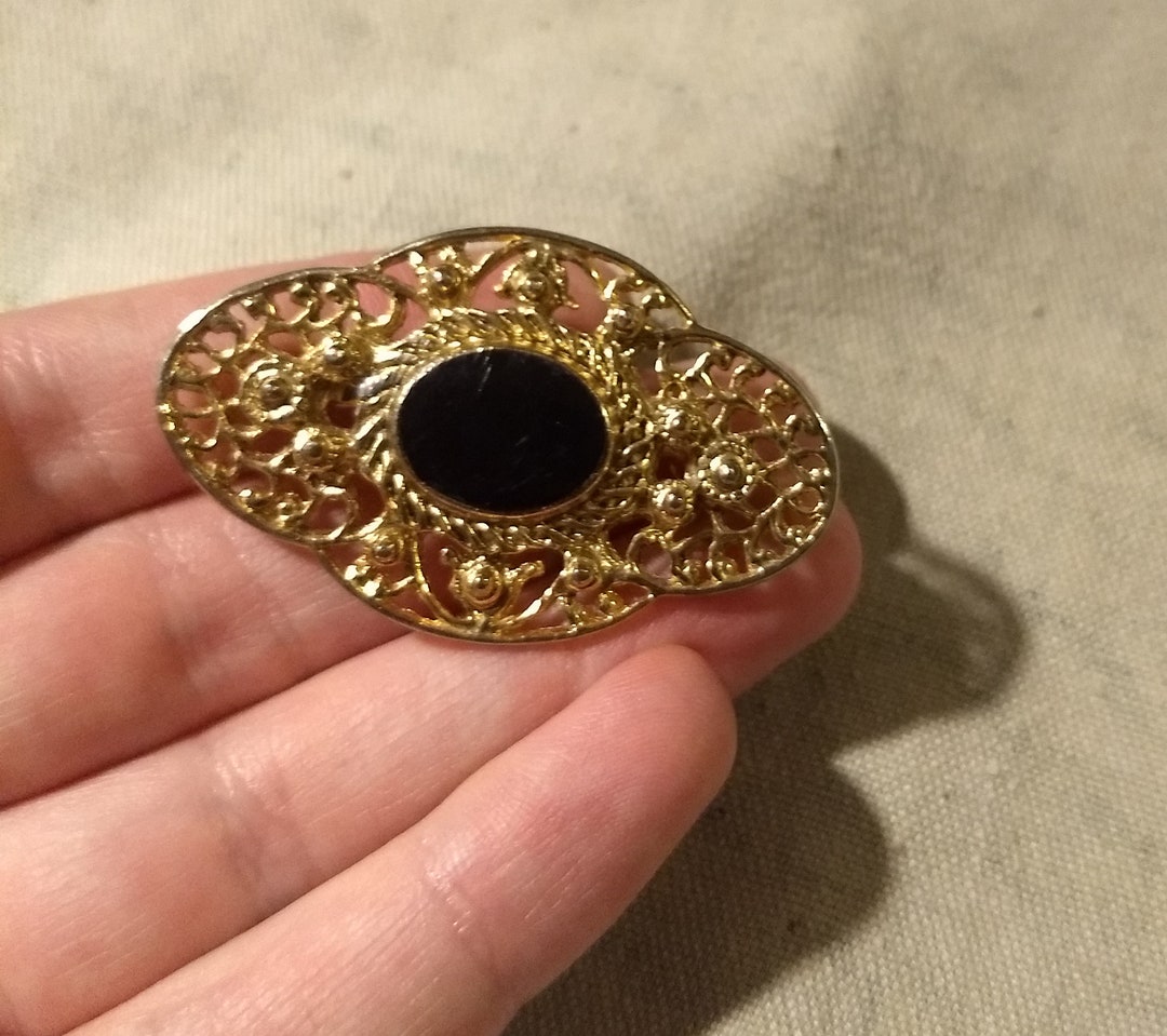 Ornate Gold Tone and Faux Black Obsidian Brooch - Etsy