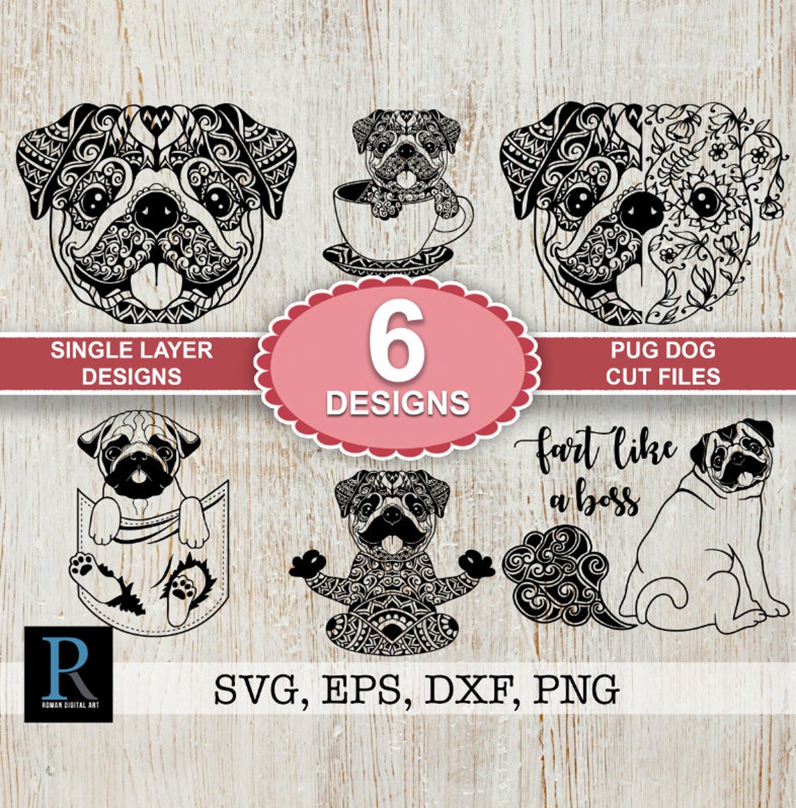 Pug SVG File Bundle Pug Mandala Cut Files Bundle Pug Cricut - Etsy