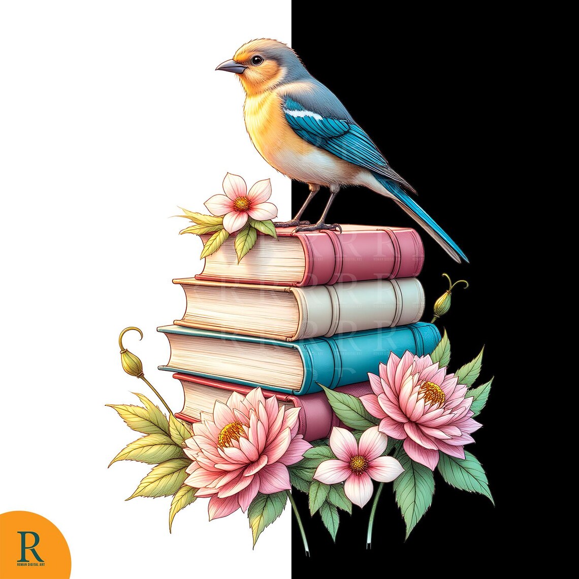 Bird on Vintage Books PNG: Floral Clipart, Library Decor (digital ...