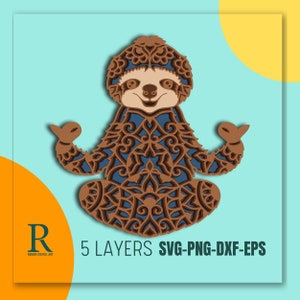 Multilayer Sloth Yoga SVG, Multilayered Svg, Mandala Sloth 3D SVG, Sloth SVG Clipart, Plywood ...