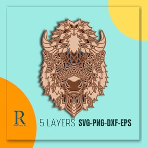 Bison Mandala SVG File, 3D Layered Bison, Zentangle Multilayer, Mandala Multilayer, Bison SVG ...