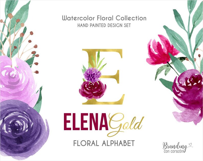 ELENA • Alfabeto letras doradas con flores rosa, lila, moradas ...