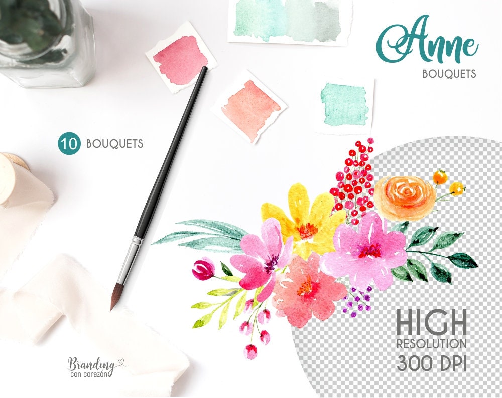 Watercolor Flower Bouquets. Clip Art and Png, Pink, Yellow, Orange ...