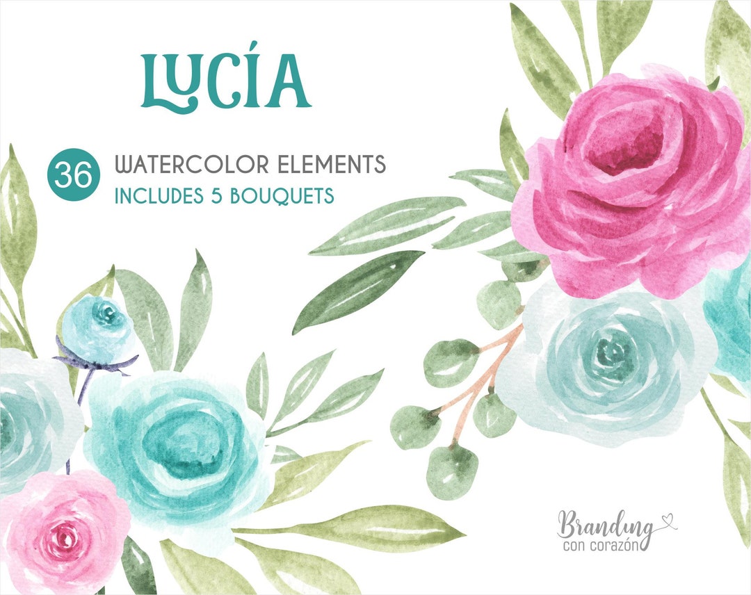 Clipart Flowers Watercolor Png. Pink and Turquoise Blue Image Files ...