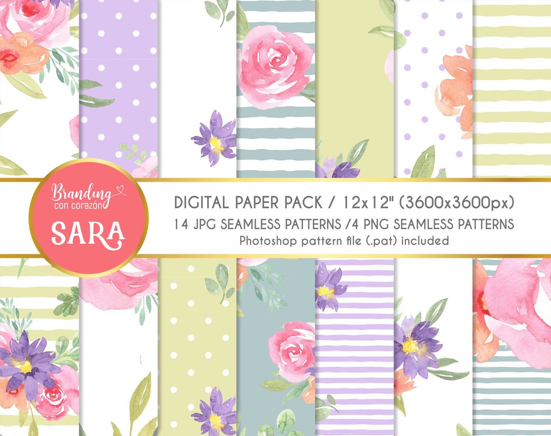 Digital Paper Seamless Flower Patterns 14 Jpg, 4 Png, 1 Pat. 12x12 ...