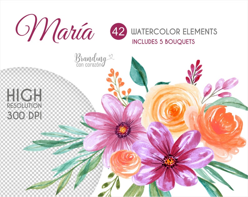 Watercolor Flowers. Clip Art and Png, Orange, Purple and Yellow Image ...