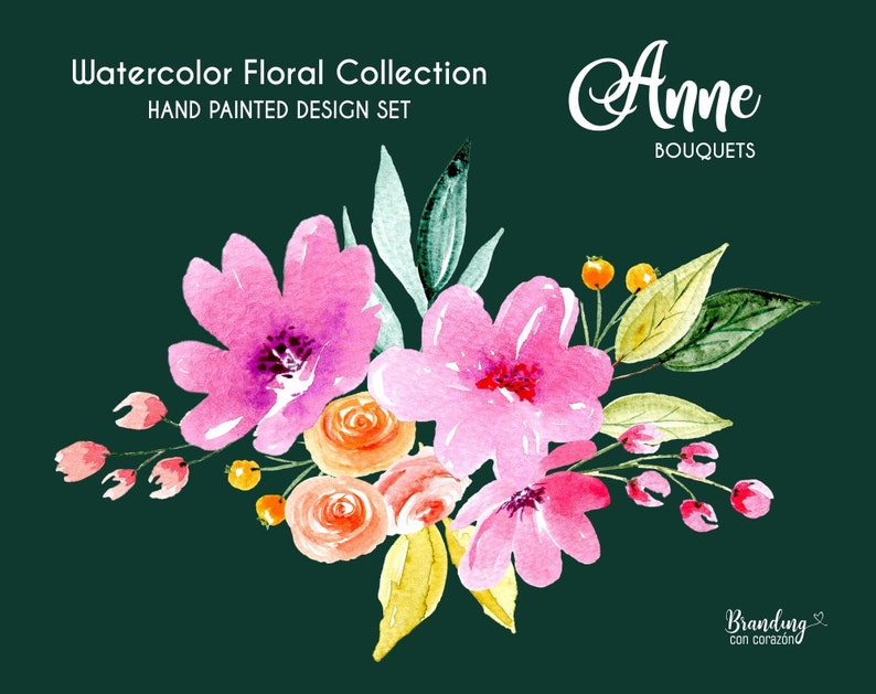 Watercolor Flower Bouquets. Clip Art and Png, Pink, Yellow, Orange ...