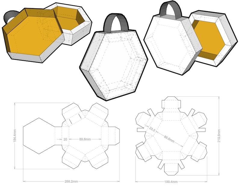 Die-cut Pattern Hexagonal folding box with handle. template | Etsy