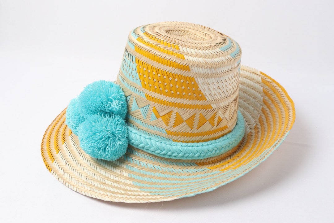 Yellow/blue/white Handwoven Wayuu Hat With Pompoms 3 Sizes , Small ...