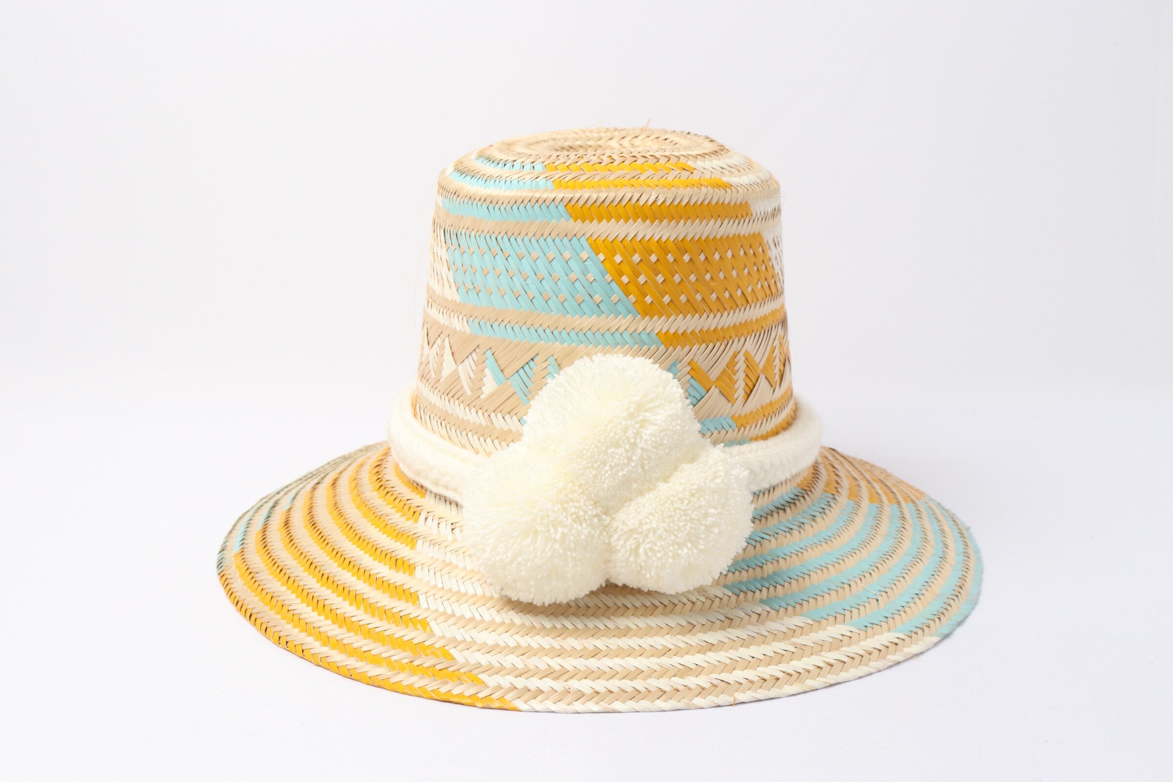 Yellow/blue/white Handwoven Wayuu Hat With Pompoms 3 Sizes | Etsy