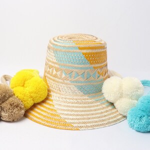 Yellow/blue/white Handwoven Wayuu Hat With Pompoms 3 Sizes , Small ...