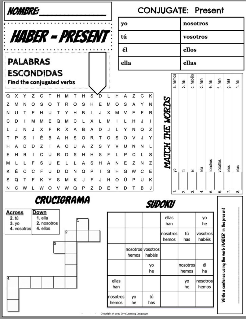 Spanish Verb HABER Worksheet Present Tense 6 Activities One Page ...