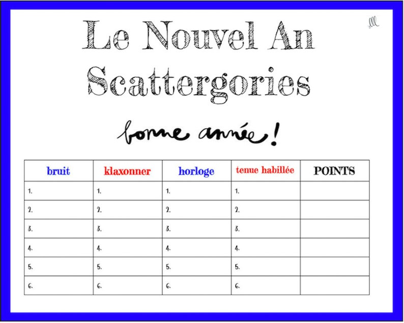 French New Year's Scattergories Game Printable Download Nouvel an ...