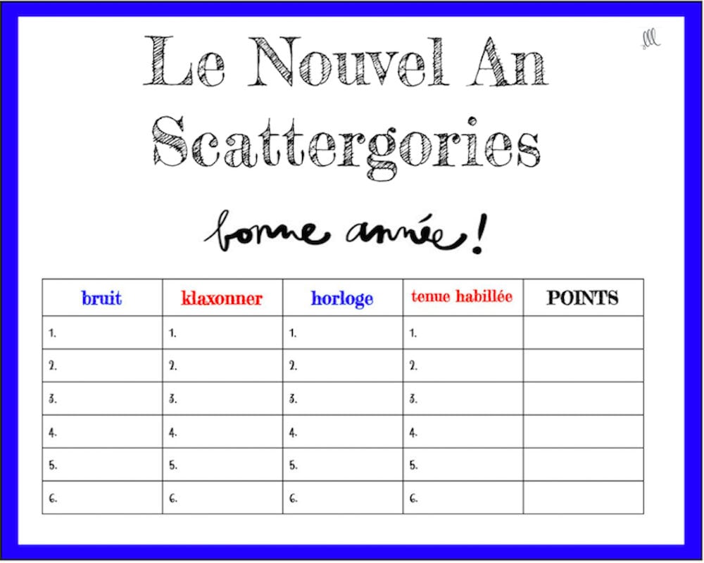 French New Year's Scattergories Game Printable Download Nouvel an ...