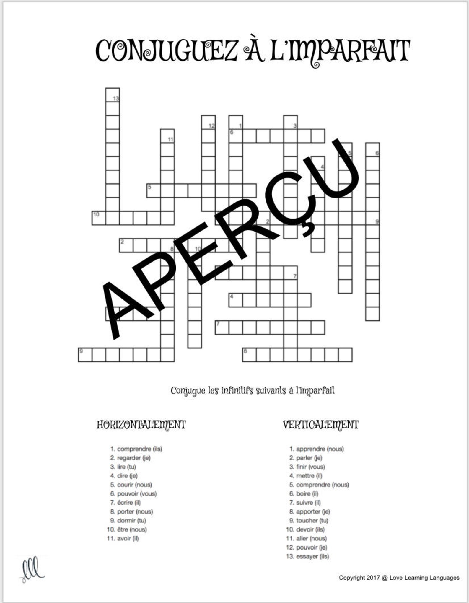 French Imperfect Tense Crossword Puzzles Mots Croisés L'imparfait ...