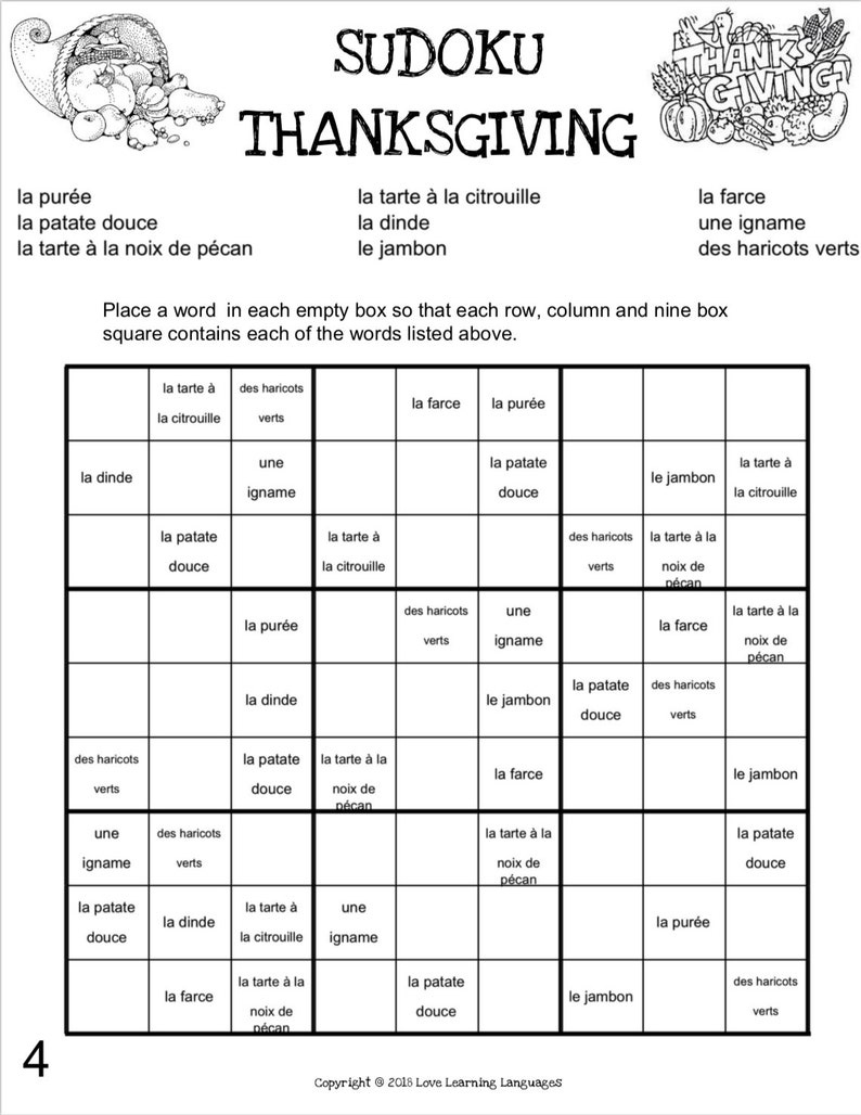 French Thanksgiving Sudoku Puzzles Homeschool - Etsy