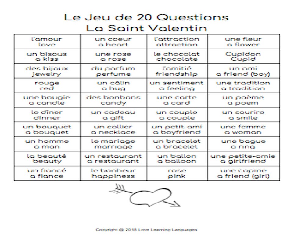 20 Questions Game French Valentine's Day La Saint Valentin, Printable ...