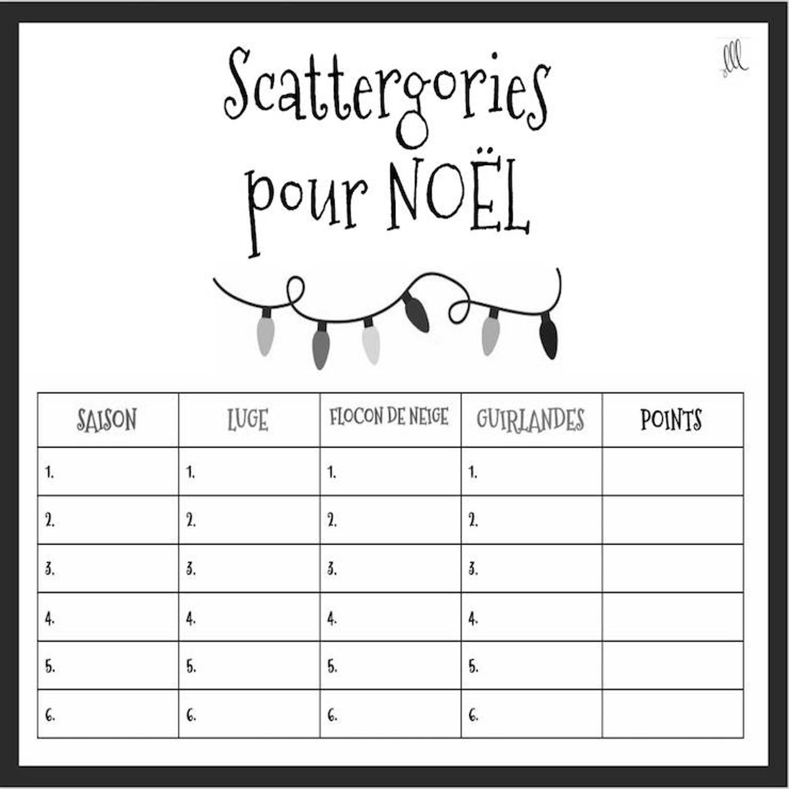 Jeu de Scattergories de Noël français Téléchargement imprimable École à ...