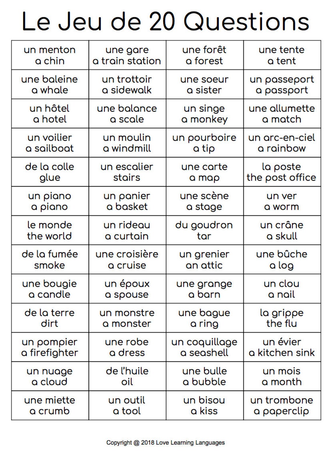 French 20 Questions Game Small Group or Whole Class No Prep Activity ...