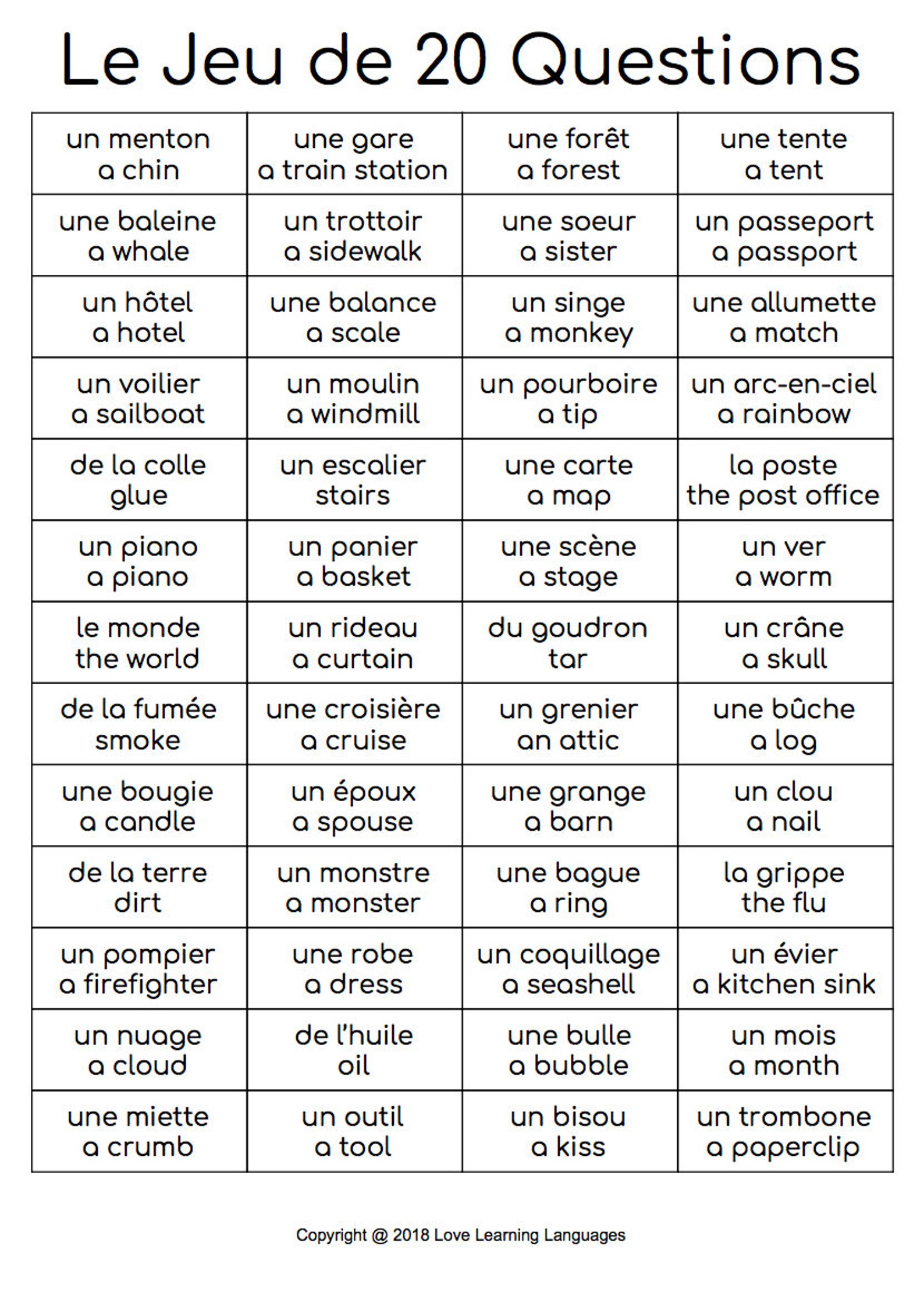 French 20 Questions Game Small Group or Whole Class No Prep Activity ...