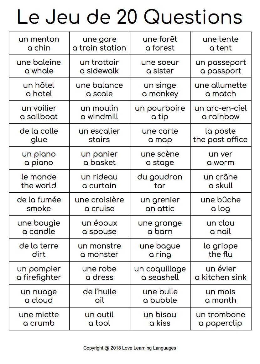 French 20 Questions Game Small Group or Whole Class No Prep Activity ...