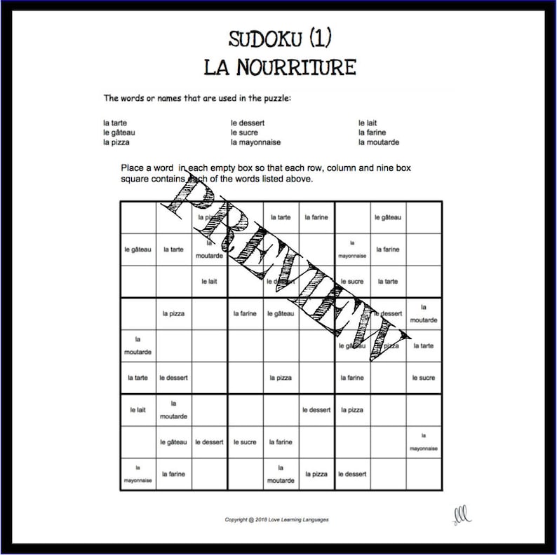 La Nourriture 20 No Prep Printable French Food Sudoku Games | Etsy