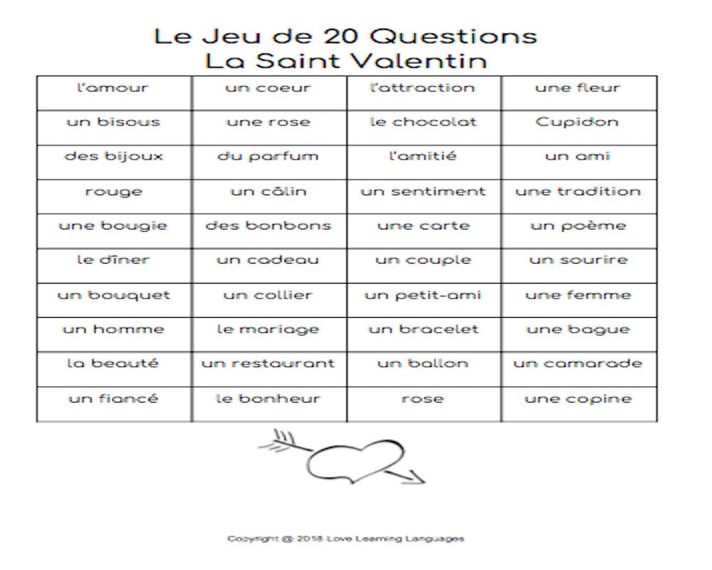 20 Questions Game French Valentine's Day La Saint Valentin, Printable ...