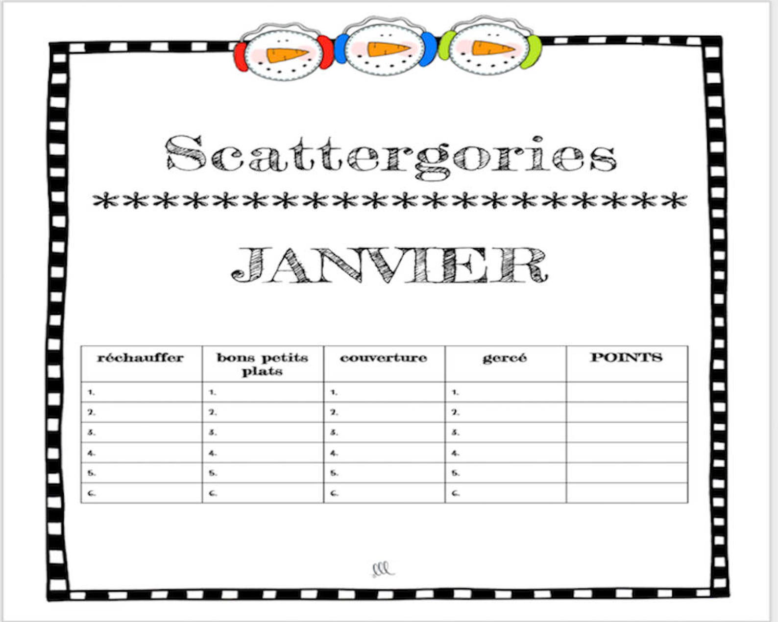 French January Scattergories Game Petit Bac Janvier Printable Download ...