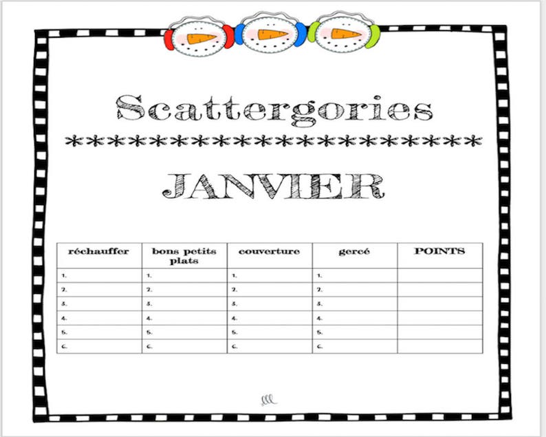 French January Scattergories Game Petit Bac Janvier Printable Download ...