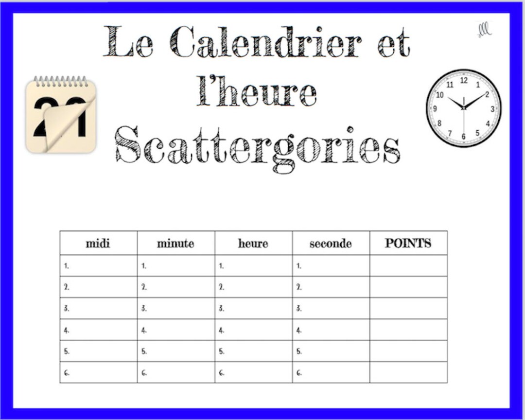 French Calendar and Time Scattergories Game Le Calendrier Et L'heure ...