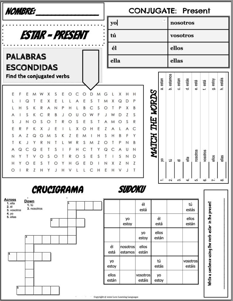 Spanish Verb ESTAR Worksheet Present Tense 6 Activities One Page ...