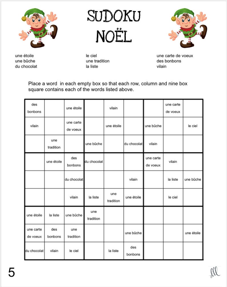 Vocabulaire de Noël français Noël Sudoku Puzzles Téléchargement ...