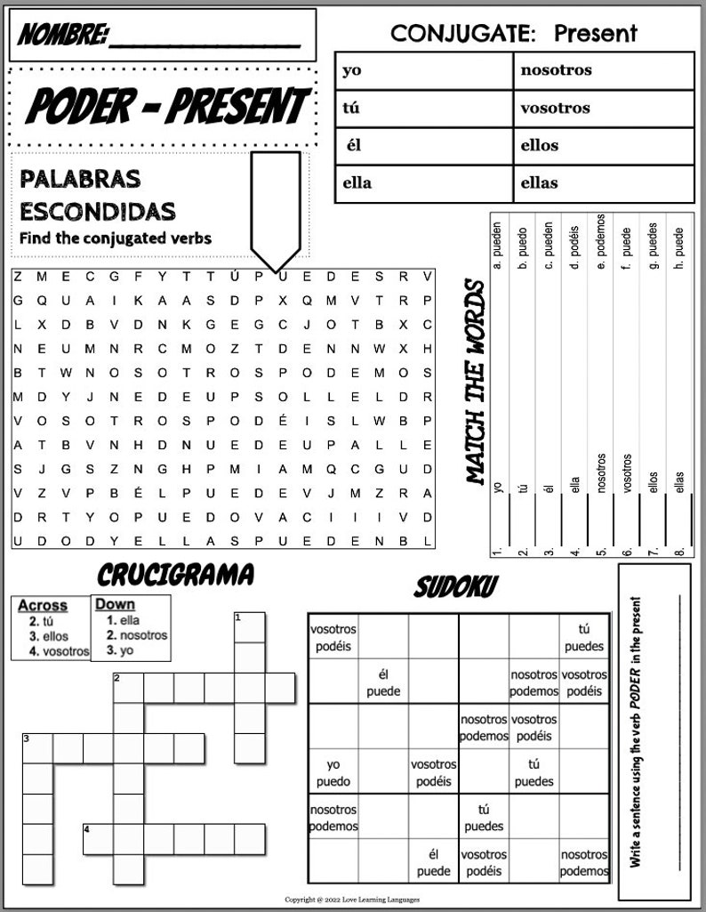 Spanish Verb PODER Worksheet Present Tense 6 Activities One Page ...