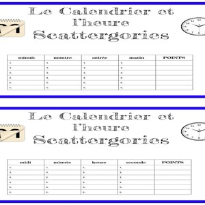 French Calendar and Time Scattergories Game Le Calendrier Et L'heure ...