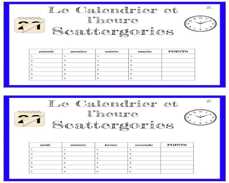 French Calendar and Time Scattergories Game Le Calendrier Et L'heure ...
