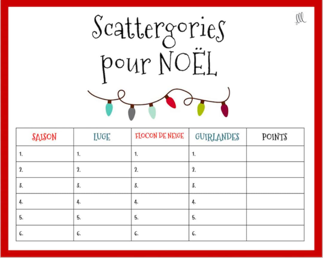 Jeu de Scattergories de Noël français Téléchargement imprimable École à ...