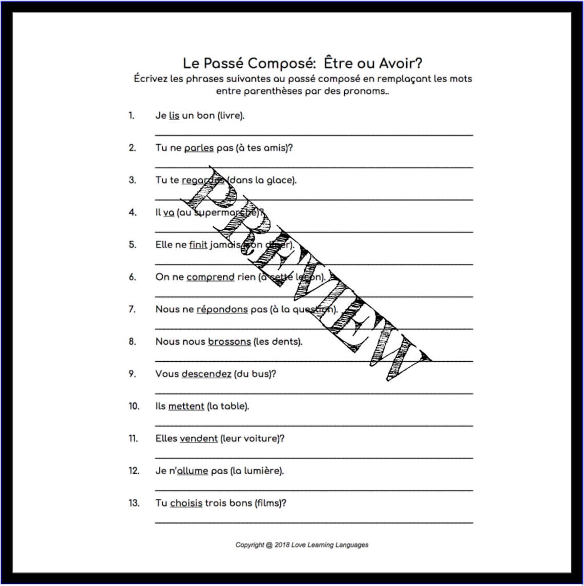 Passé Composé Être Ou Avoir Printable French Grammar Quiz or Worksheet ...