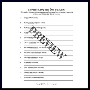 Passé Composé Être Ou Avoir Printable French Grammar Quiz or Worksheet ...