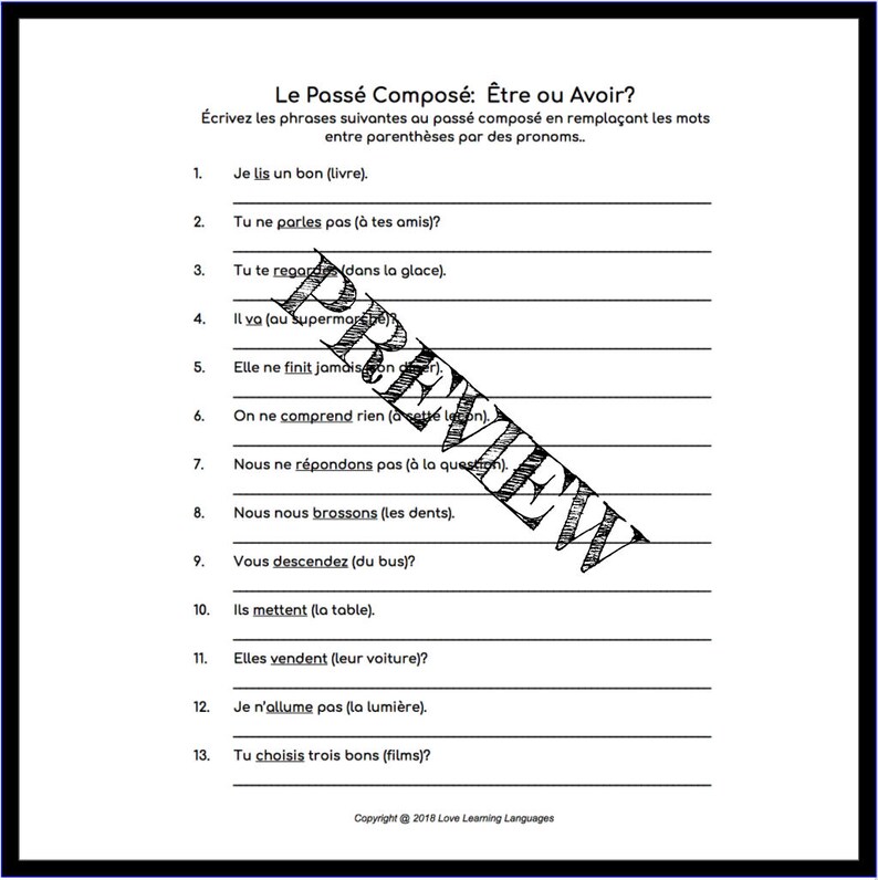 Passé Composé Être Ou Avoir Printable French Grammar Quiz or Worksheet ...