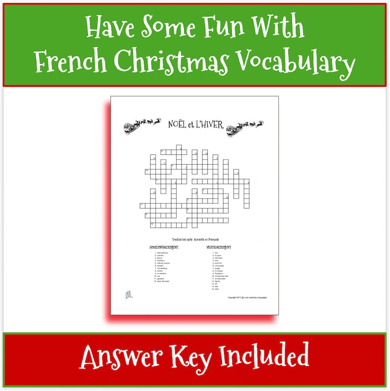 French Noël Mots Croisés French Christmas Crossword Puzzle Homeschool ...