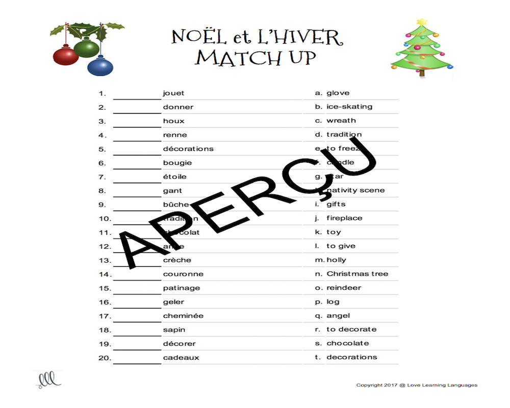 French Noël Match up Activities French Christmas Worksheets Homeschool ...